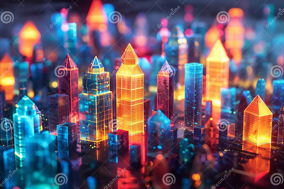 Digital Buildings of Glowing 3d Triangular Polygons in City Stock Image ...