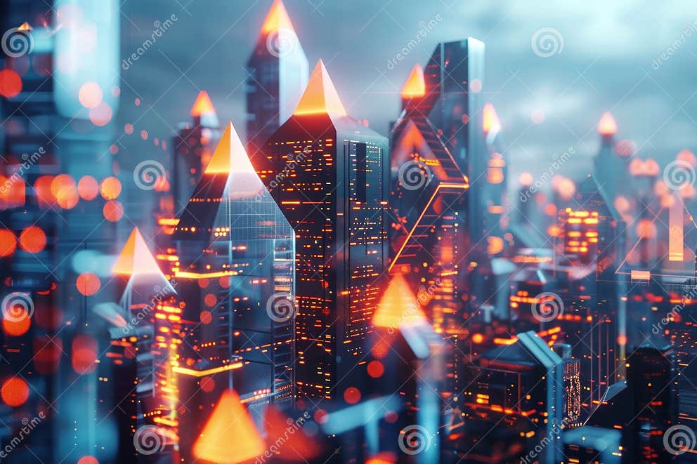 Digital Buildings of Glowing 3d Triangular Polygons in City Stock Photo ...