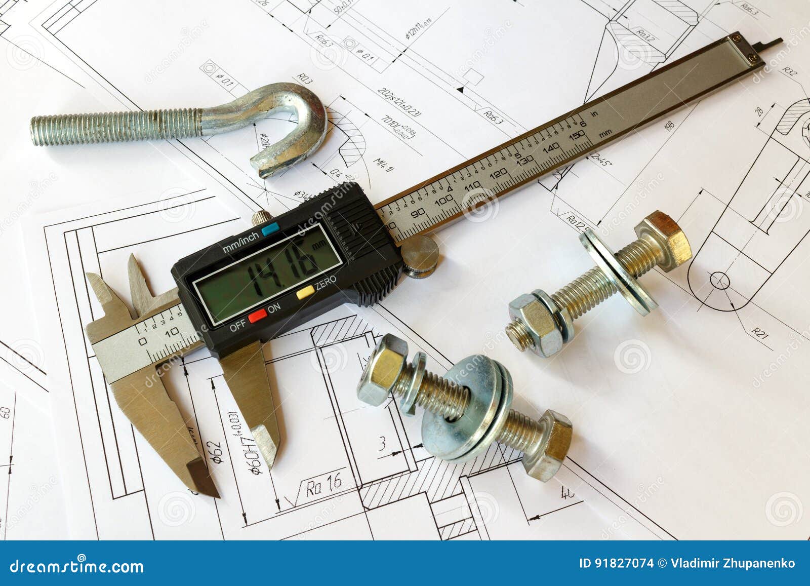 Digital Caliper with Bolts and Nuts on Engineering Drawings Stock Photo ...