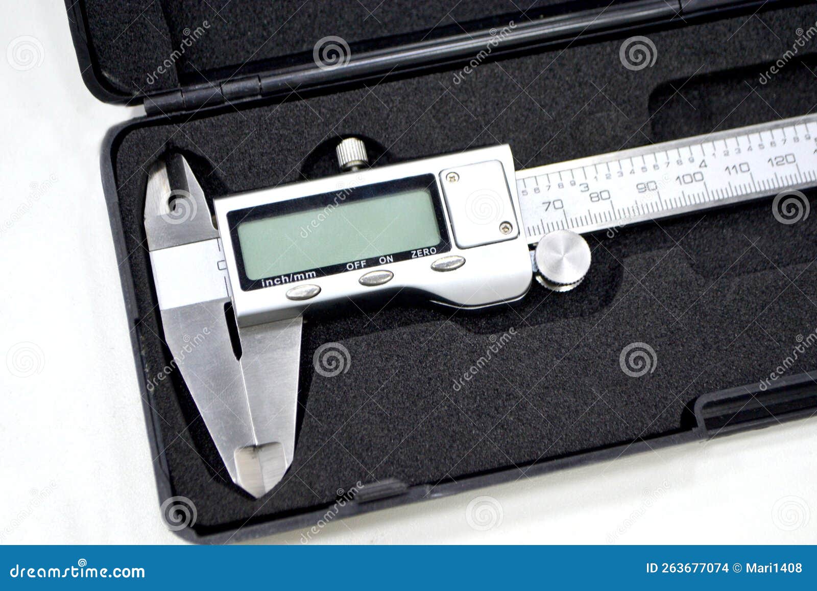 Digital Caliper in Box Isolated on White Background Closeup. Stock Photo - Image of measure ...