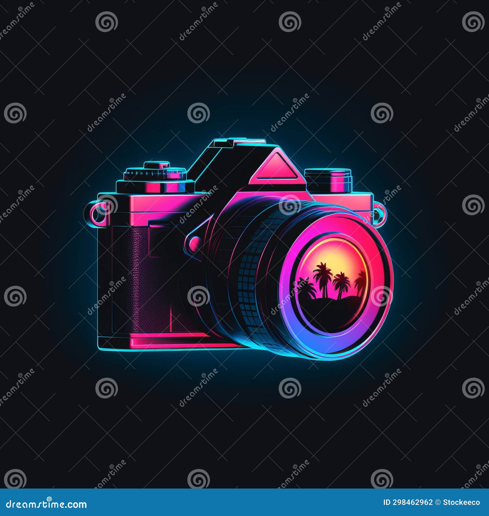 Digital Camera Art with Glowing Neon Lights Stock Illustration ...