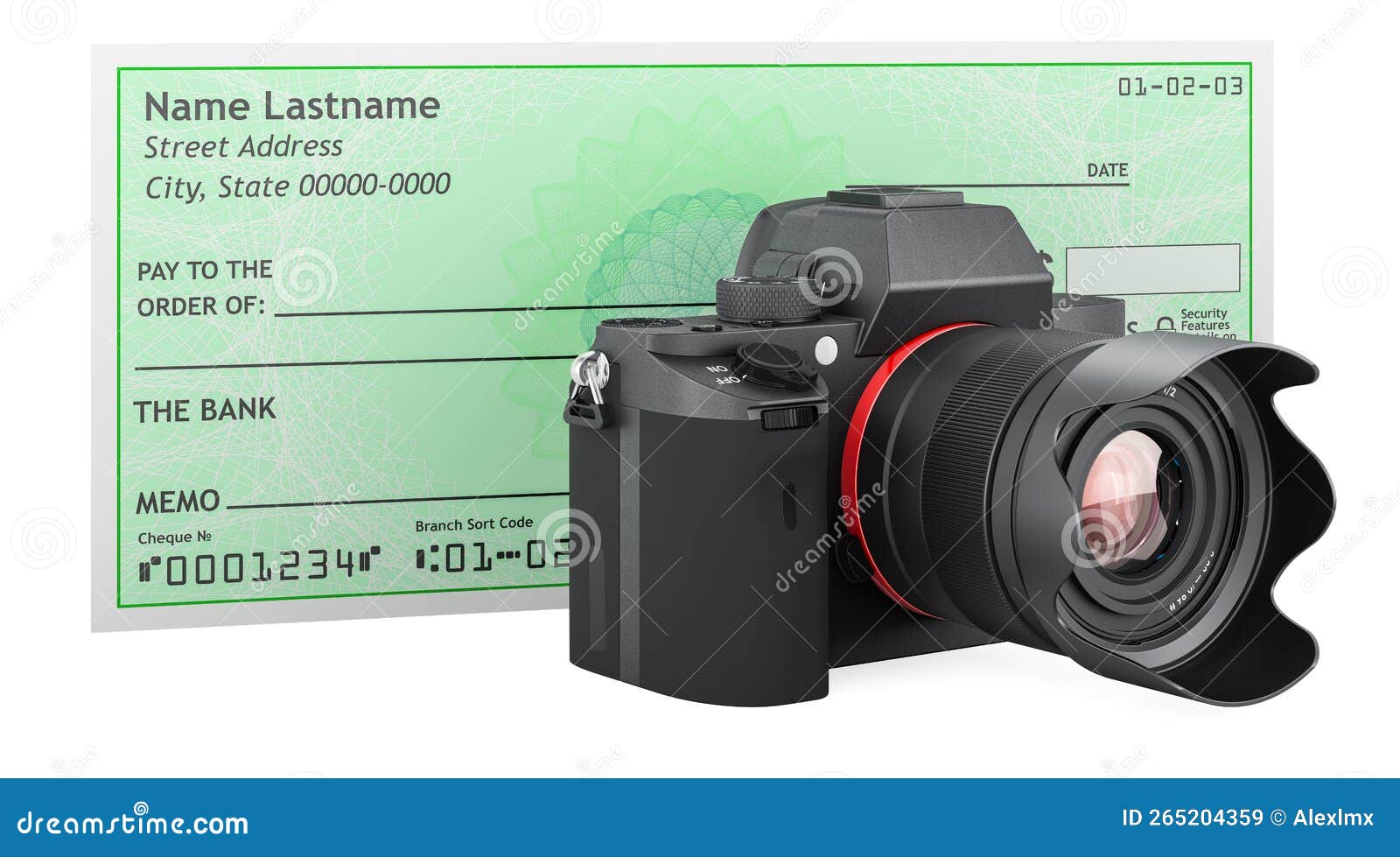 Digital Camera with Blank Bank Check, 3D Rendering Stock Illustration ...