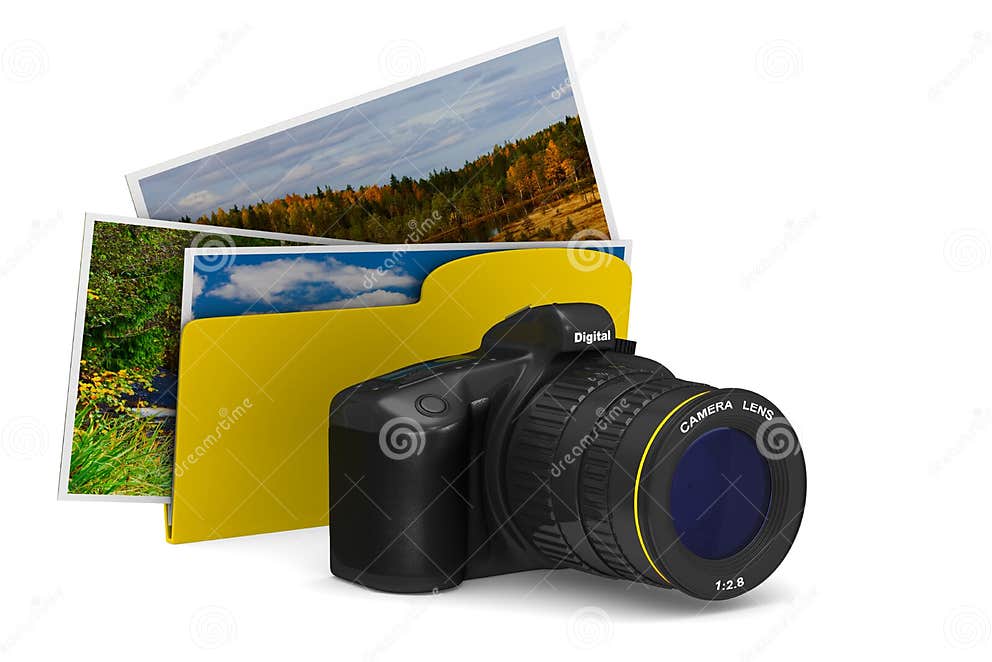 Digital Camera and Folder on White Background. Isolated 3D Illus Stock ...