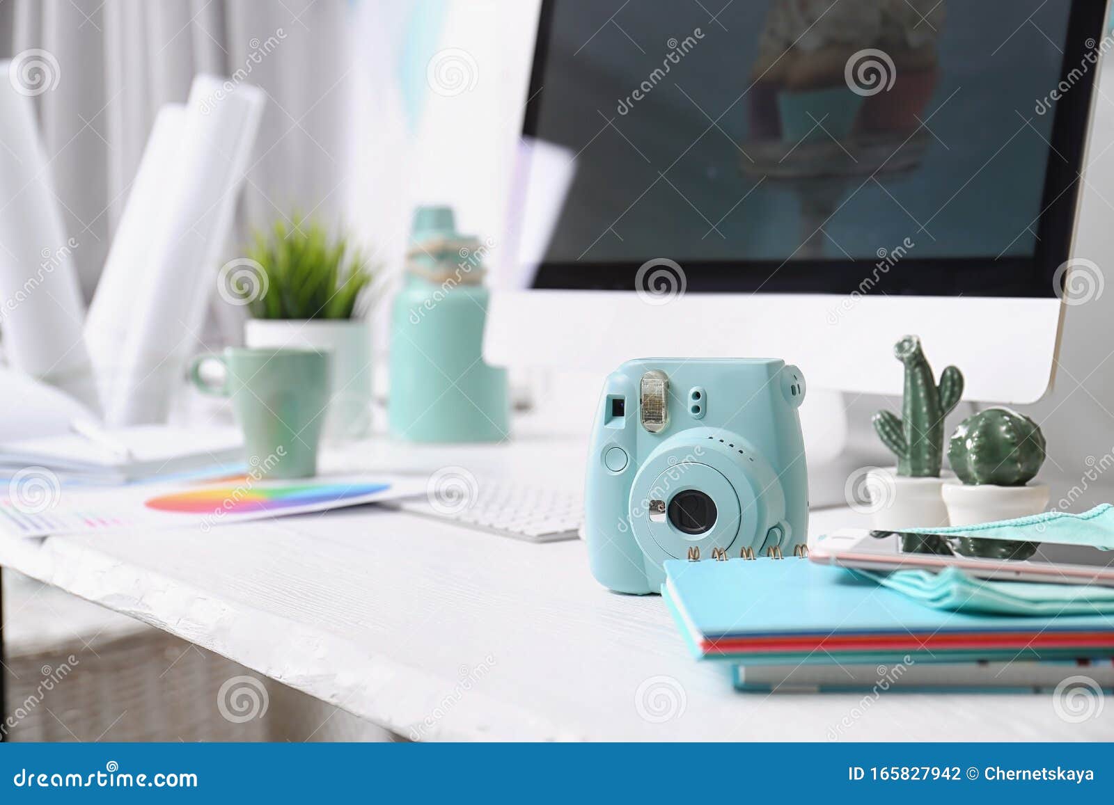 Digital Camera on Table in Studio. Modern Workplace Stock Photo - Image ...