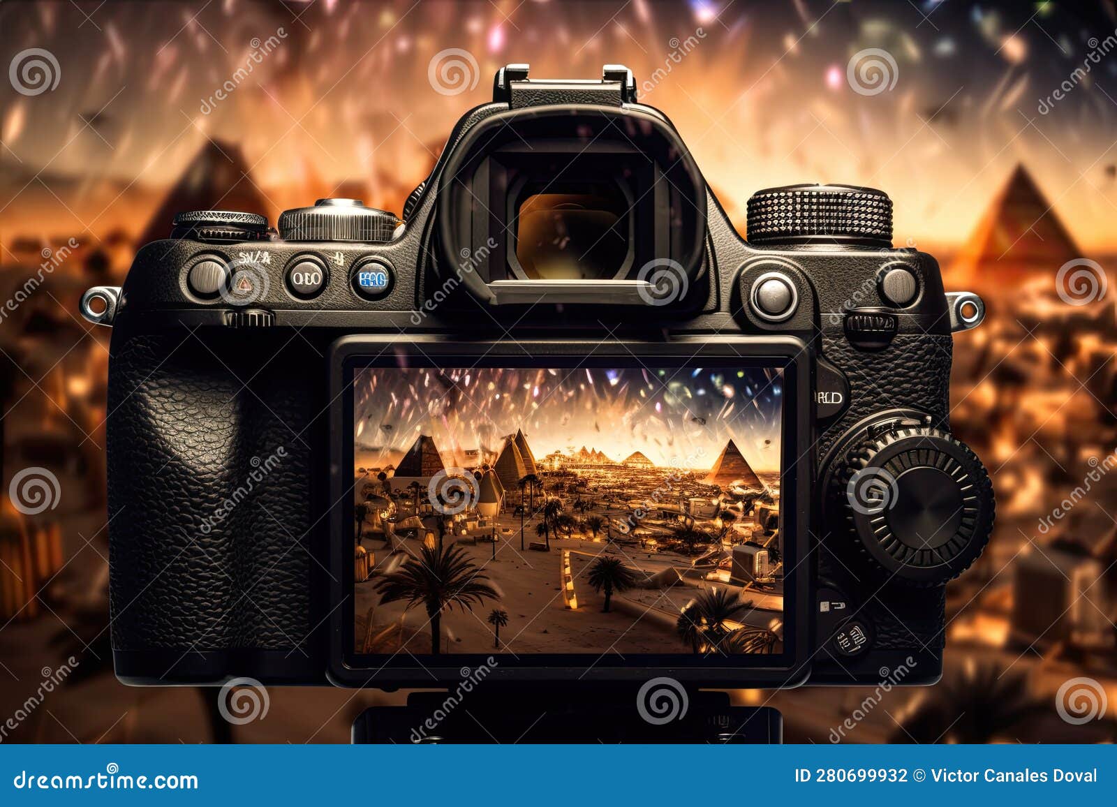 Digital Camera the View of Amazing Egypt Pyramids at Night with ...