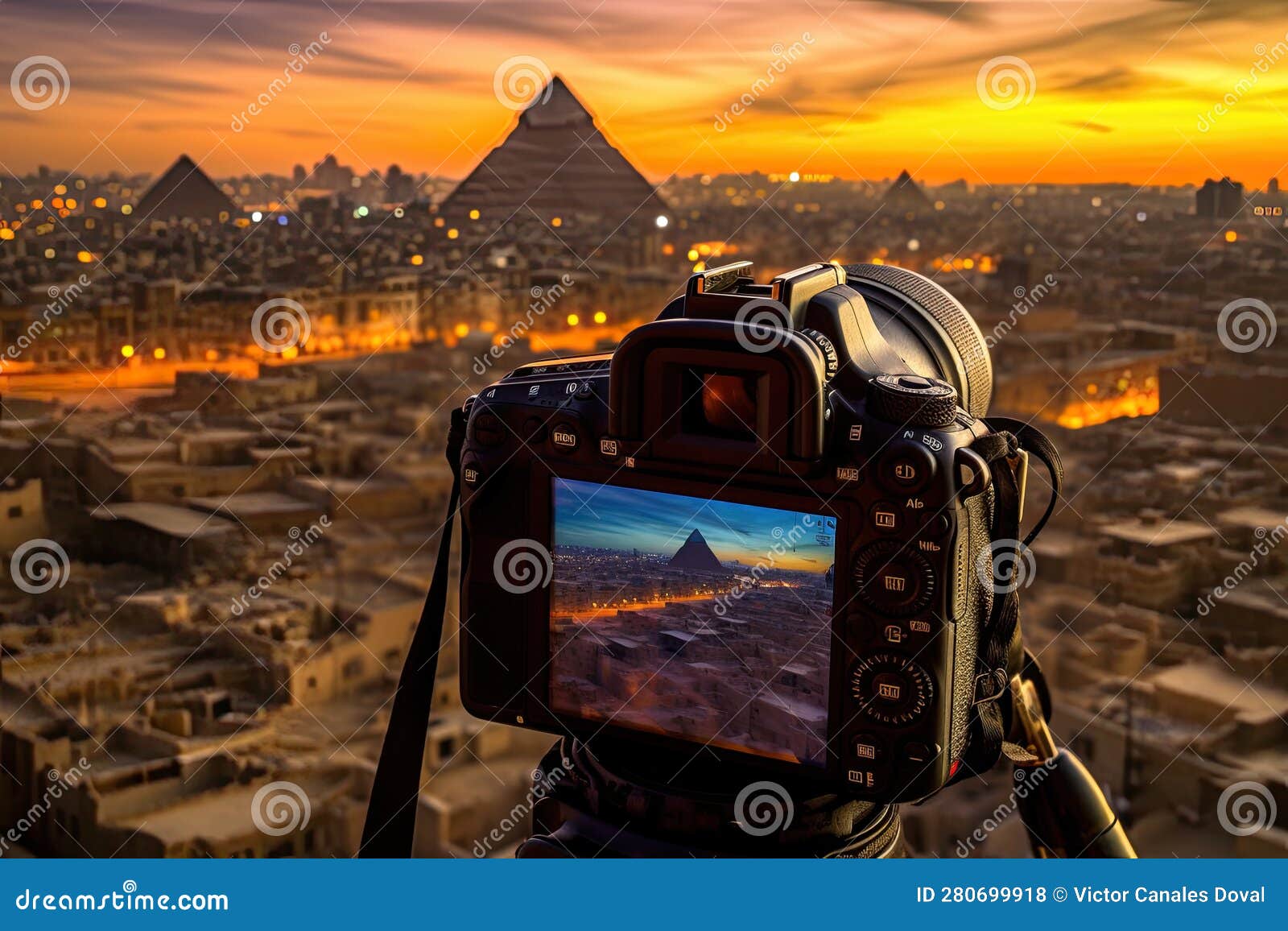 Digital Camera the View of Egypt Pyramids at Sunset with Background on ...