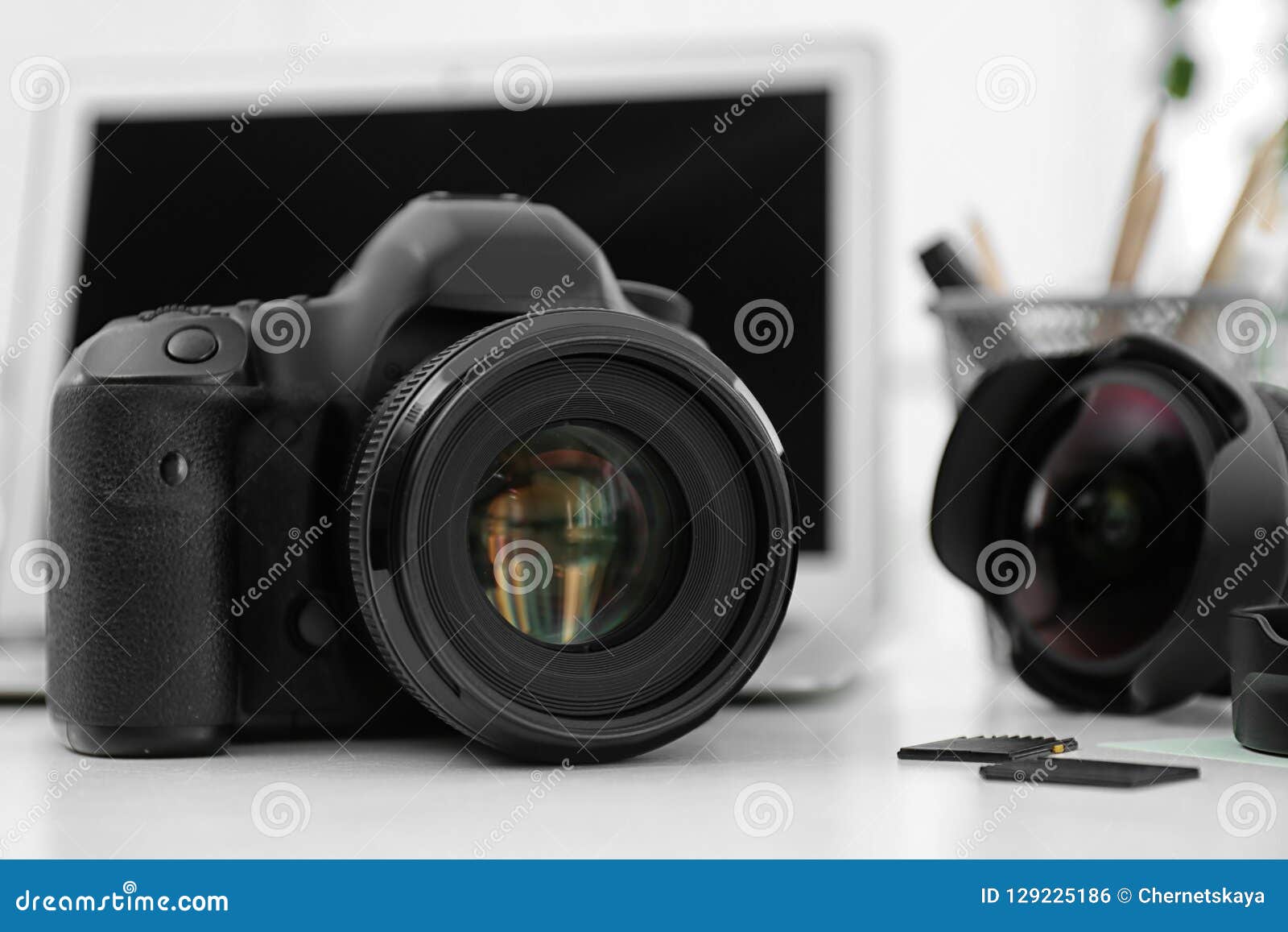 Digital Camera on White Table. Equipment Stock Photo - Image of movie ...