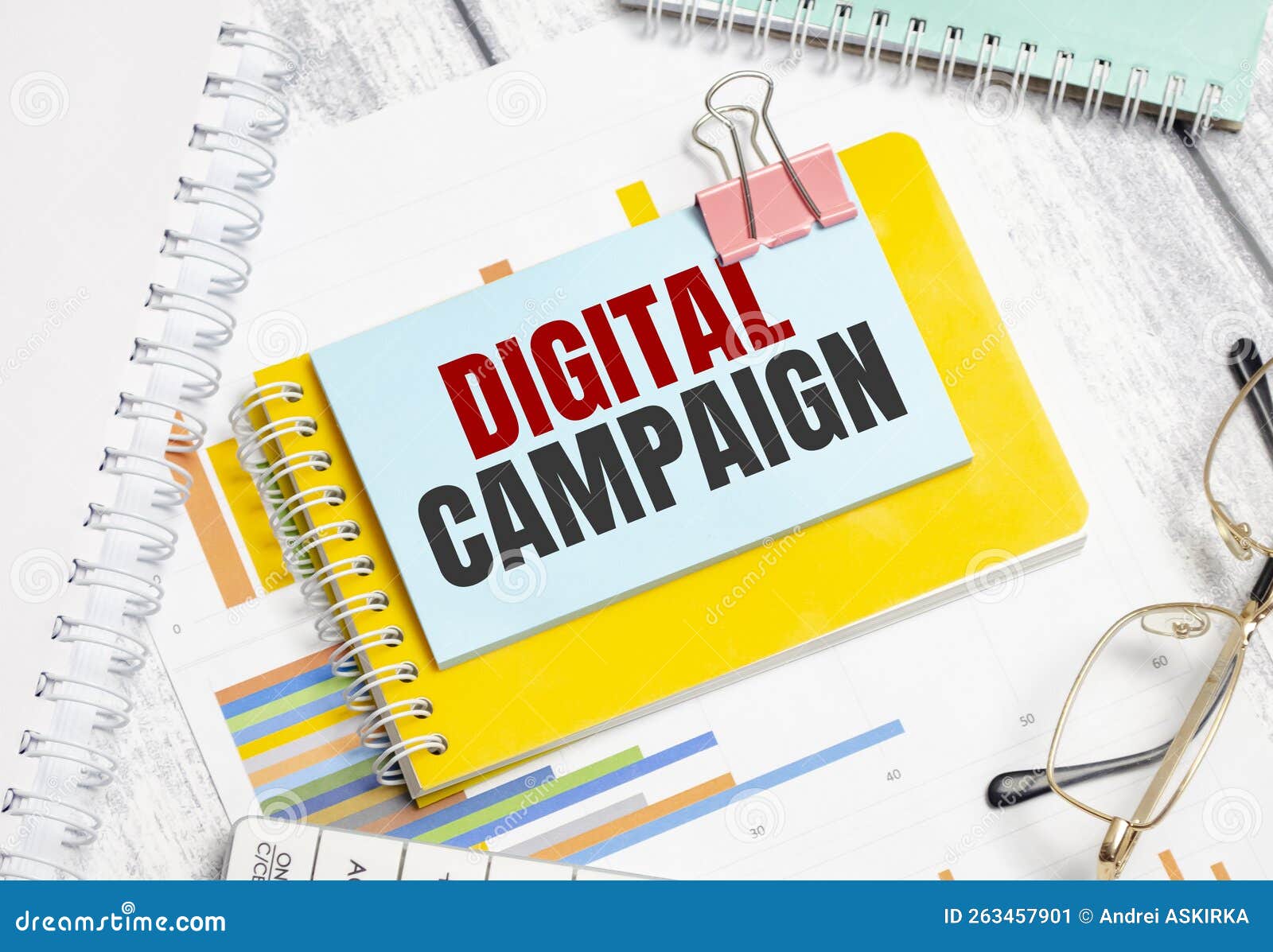 Digital Campaign Words on Blue Sticker with Glasses Stock Image - Image ...