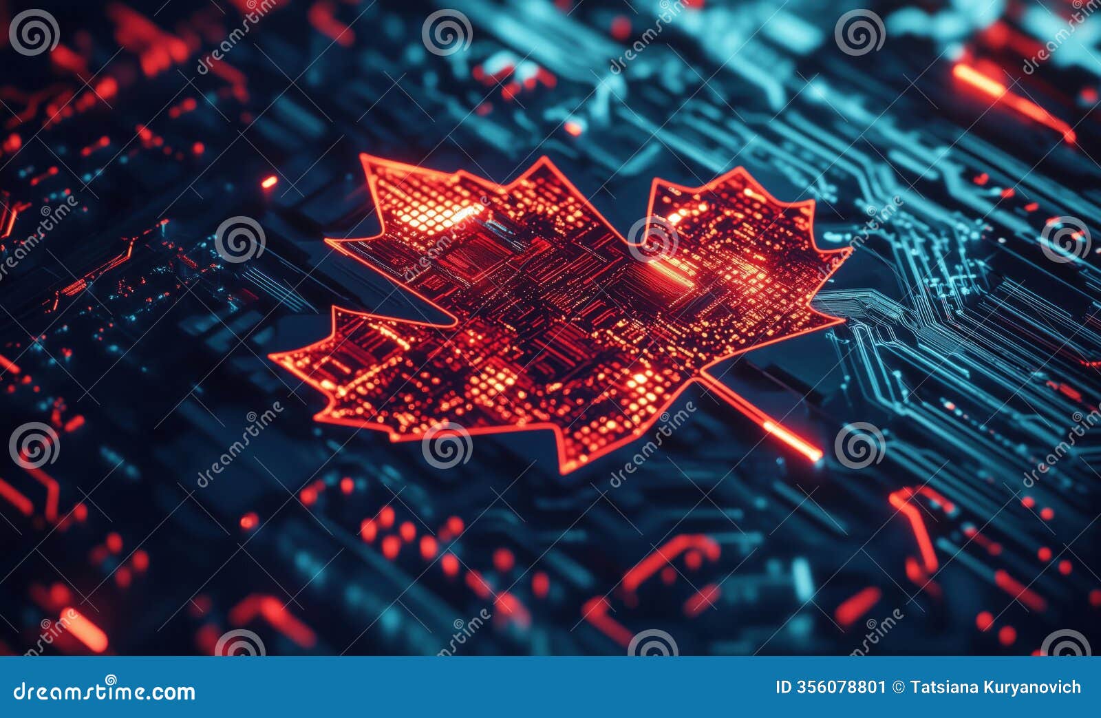 Digital Canadian Maple Leaf, Circuit Board Design, Glowing Red ...