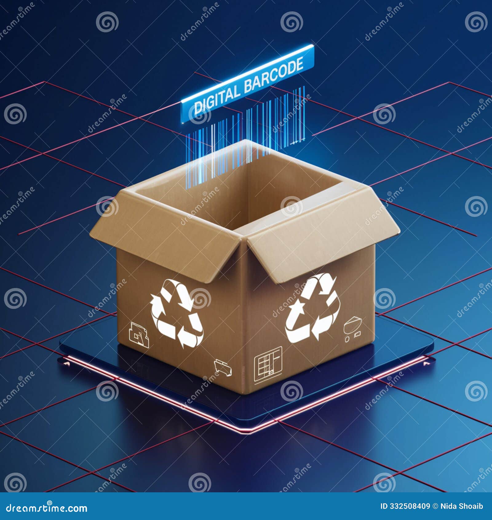 Digital Cardboard Box on a Grid Like Platform with a Holographic ...