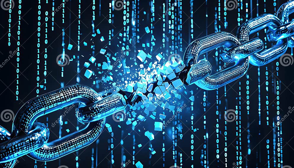 Digital Chain Breaking with Blue Binary Background, Symbolizing ...
