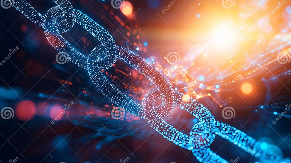 Digital Chain with Glowing Links and Data Particles in Background ...