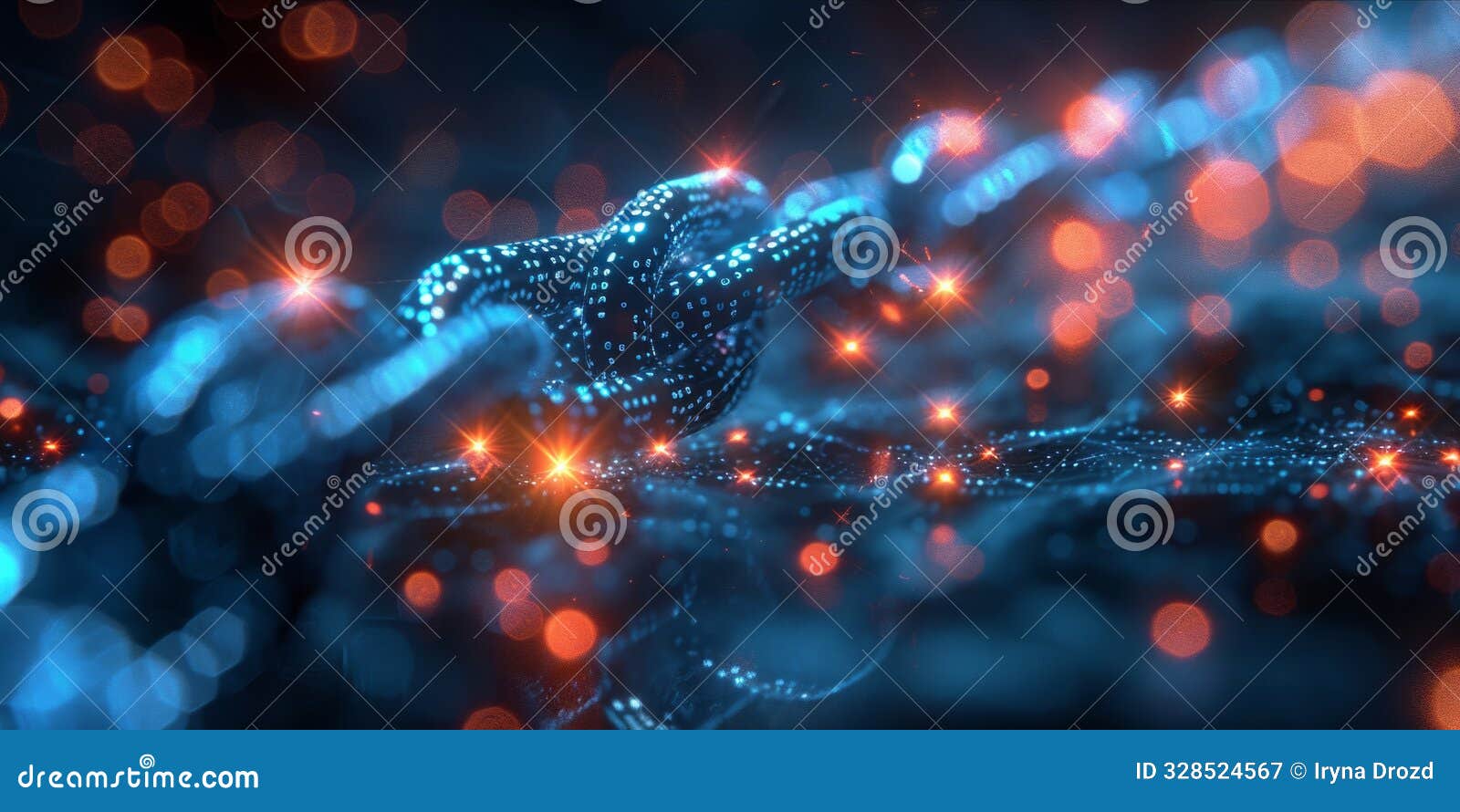 Digital Chain Link with Glowing Data Points and Futuristic Bokeh Lights ...