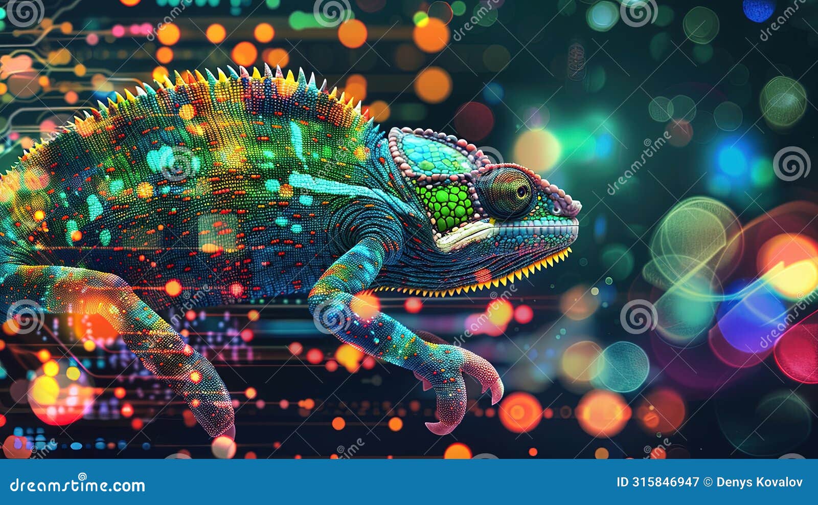 Digital Chameleon in Neon Colors. Big Data Visualization. Information ...