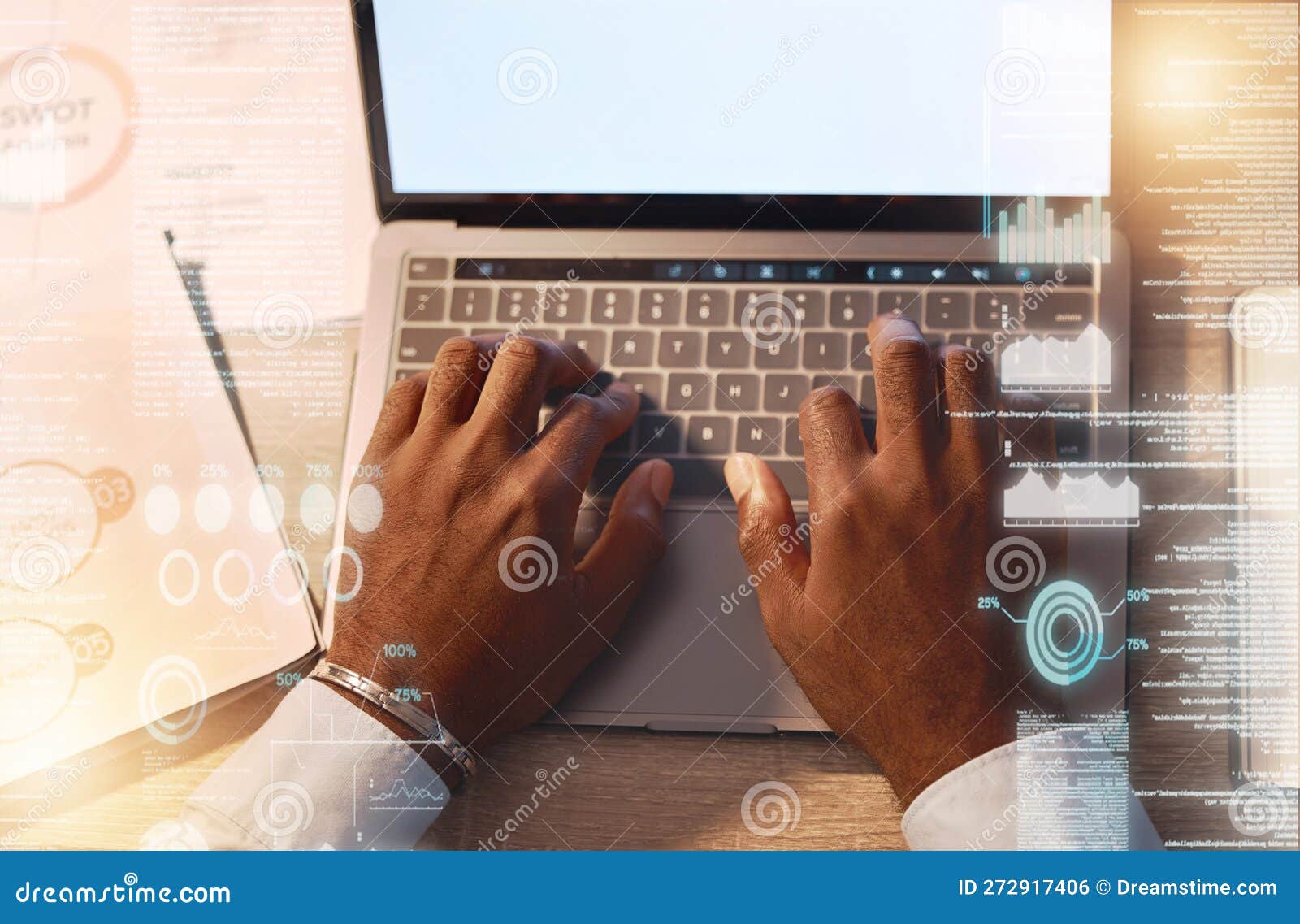 Digital, Chart and Laptop with Hands of Black Man in Office for Overlay ...