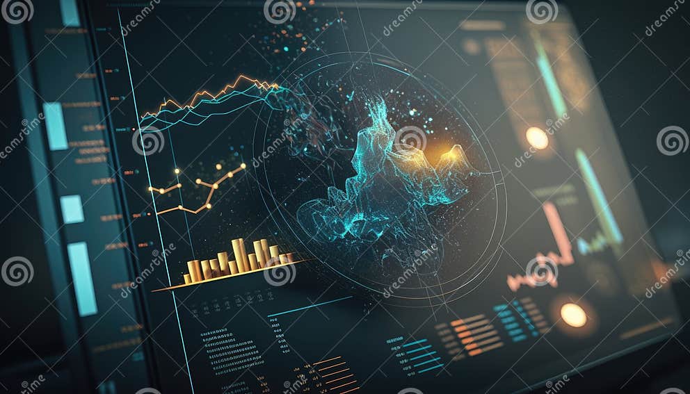 Digital Charts and Graphs with Binary Code on a Computer Screen. Data ...