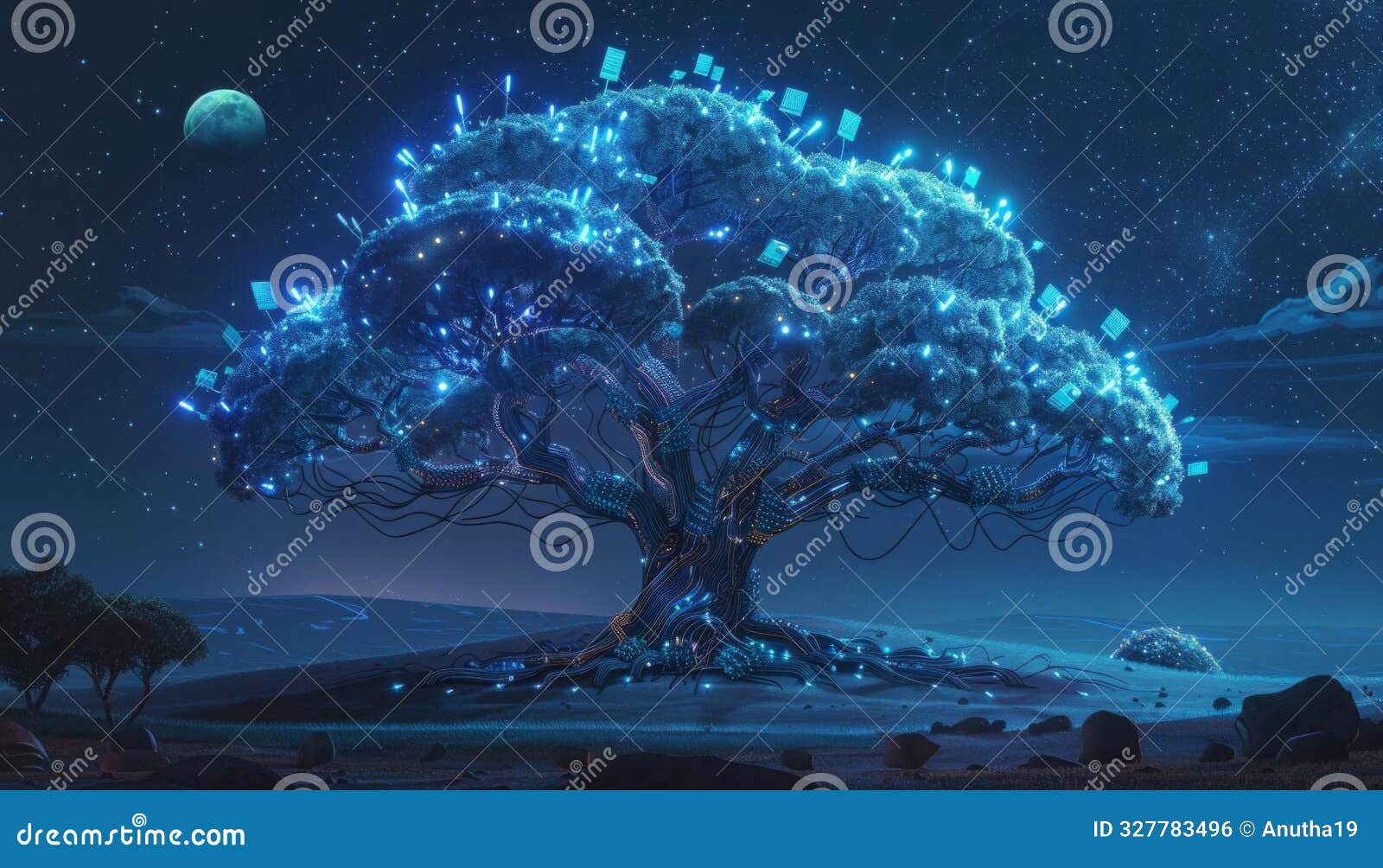 Digital Chip Tree Under Starry Night Sky Stock Illustration ...