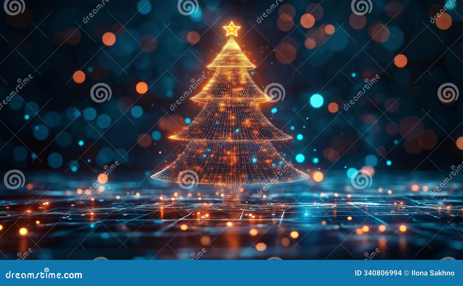 Digital Christmas Tree with Glowing Lights and Bokeh Effect Stock ...