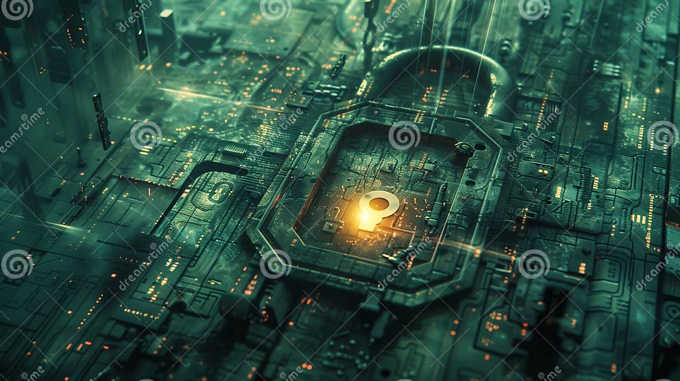 A Digital Circuit Board Adorned with Iconic Lock and Key Imagery ...