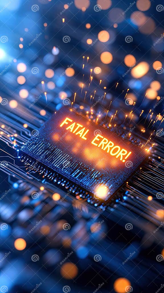 Digital Circuit Board Displaying a Fatal Error Message with Sparks and ...