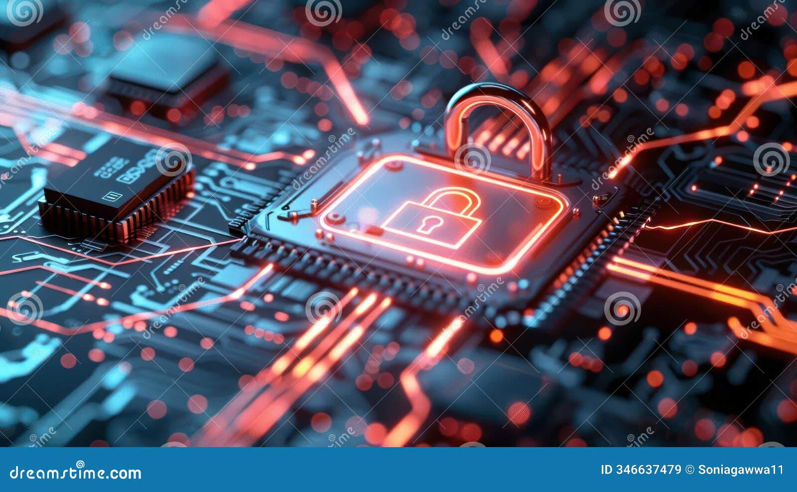 A Digital Circuit Board Featuring a Glowing Padlock Symbol ...