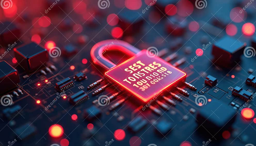 Digital Circuit Board Shows Red Alert Padlock Symbol. Binary Code ...