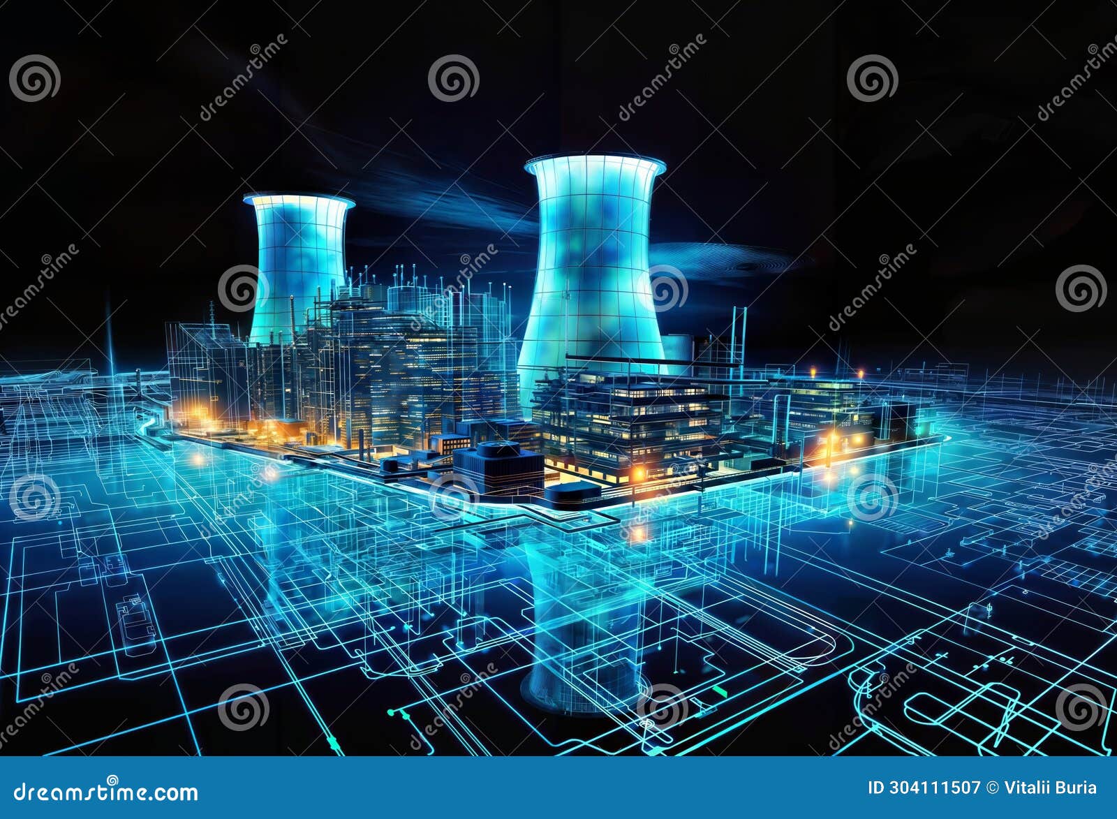 Nuclear Power Plant on Digital Circuit Board. 3d Illustration ...