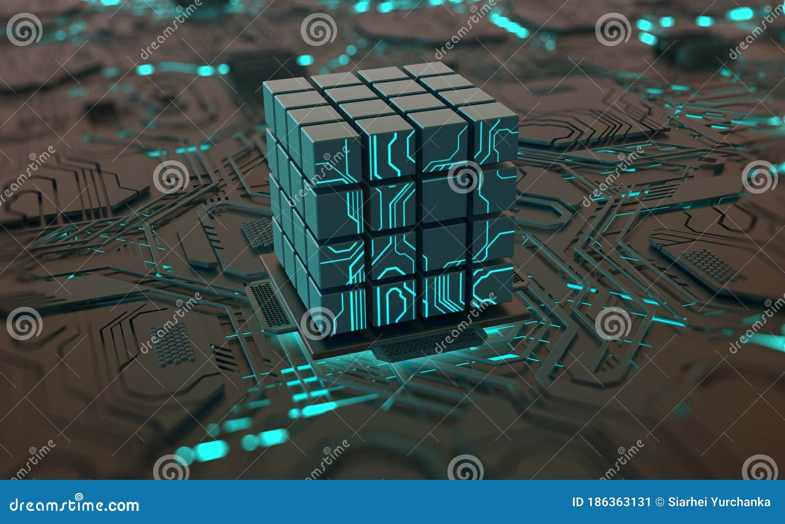 Digital Circuit and Quantum Processor. Cybercube 3D Illustration Stock ...
