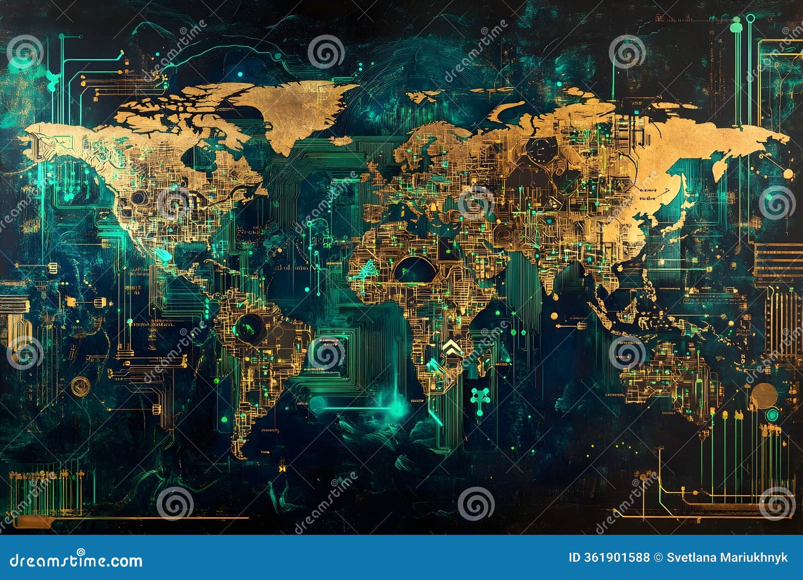 Digital Circuit World Map with Abstract Gold Accents Stock Photo ...