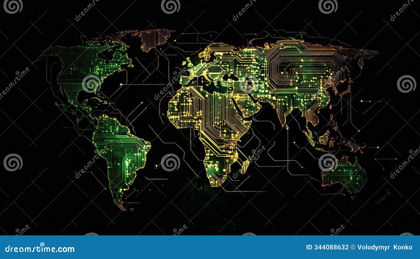 Digital Circuit World Map on Black Background Stock Photo - Image of ...
