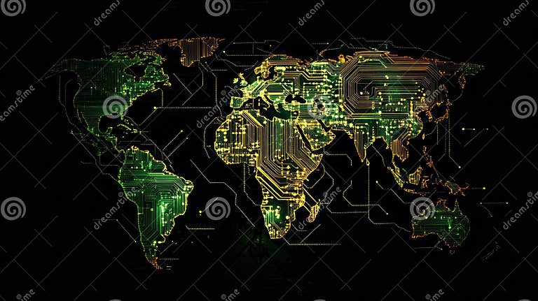 Digital Circuit World Map on Black Background Stock Photo - Image of ...