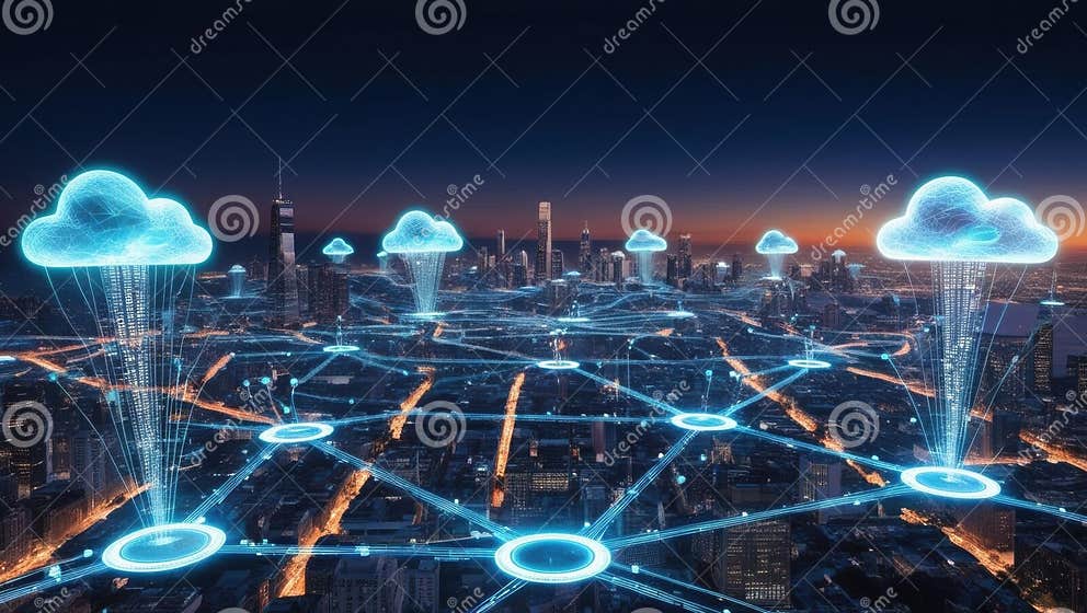 Digital Cityscape with Cloud Icons Connected by Glowing Network Lines ...