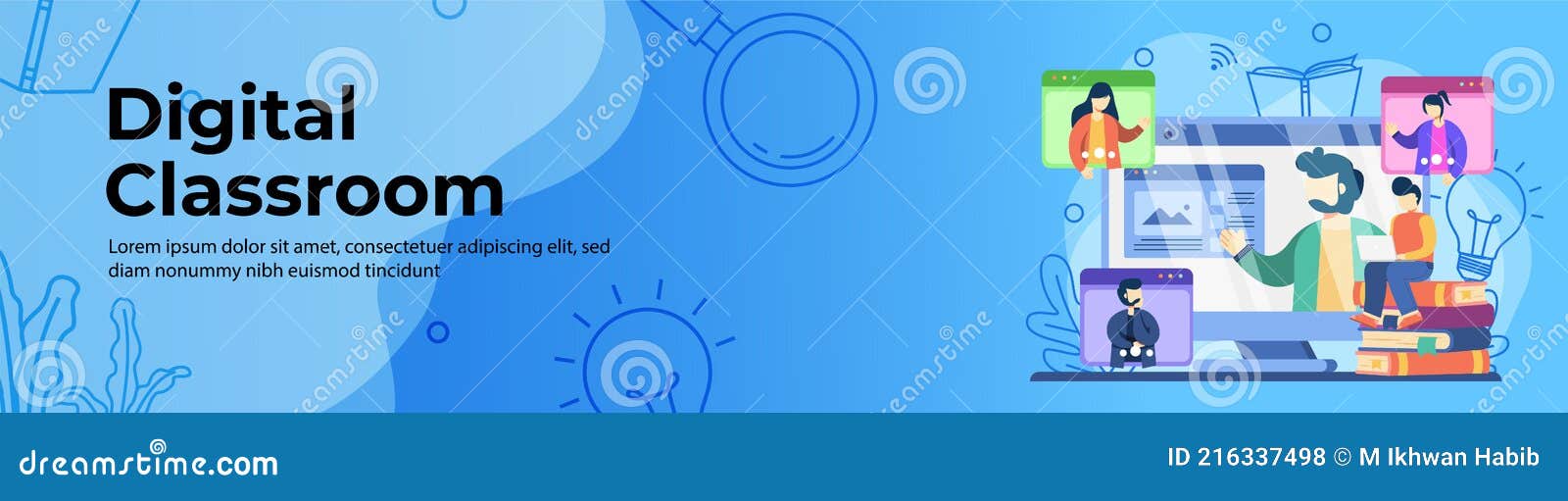 Digital Classroom Web Banner Design.Student Sitting on a Stack of Book ...