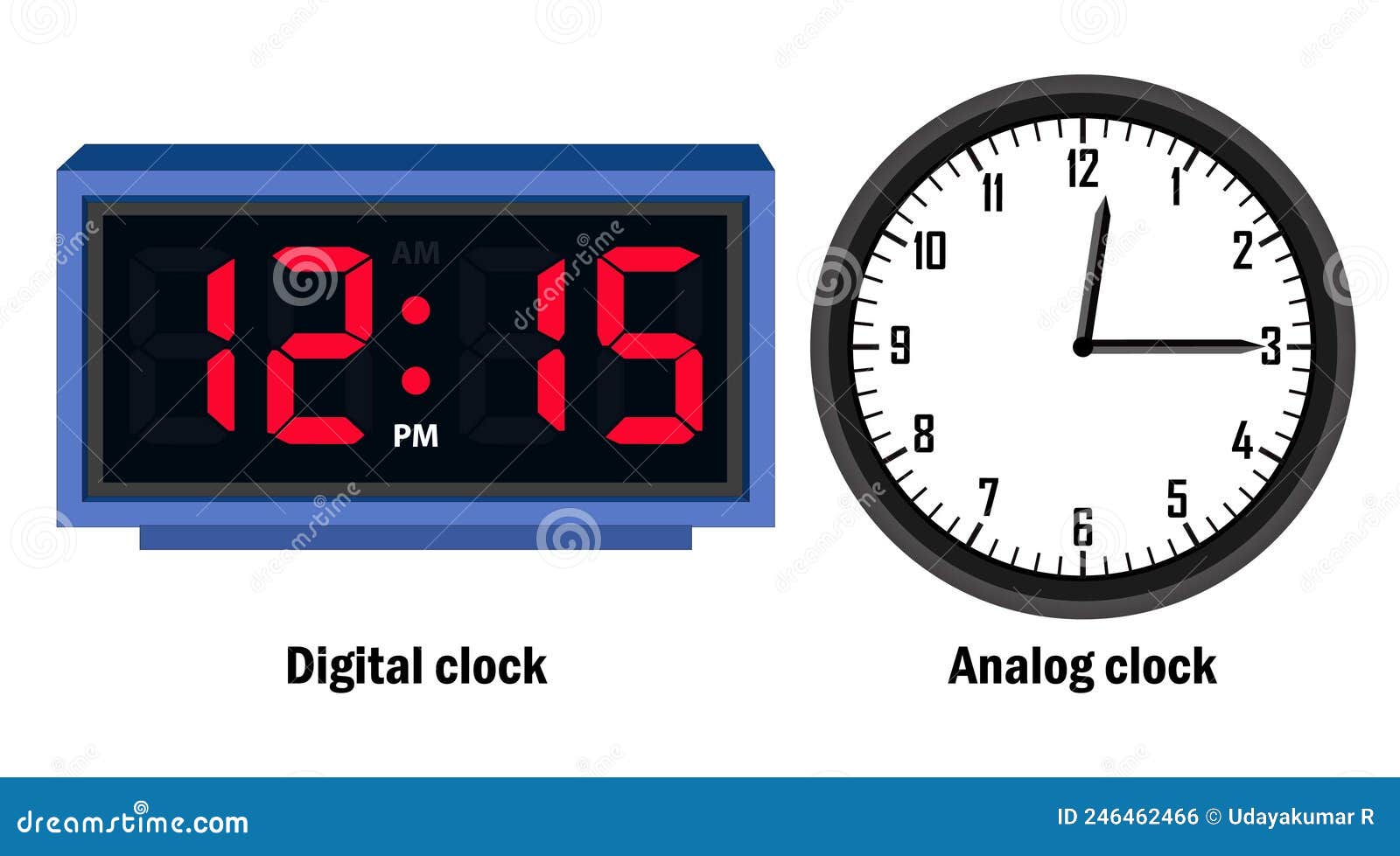 Digital Clock and Analog Clock Time 12.15, Vector Stock Vector ...