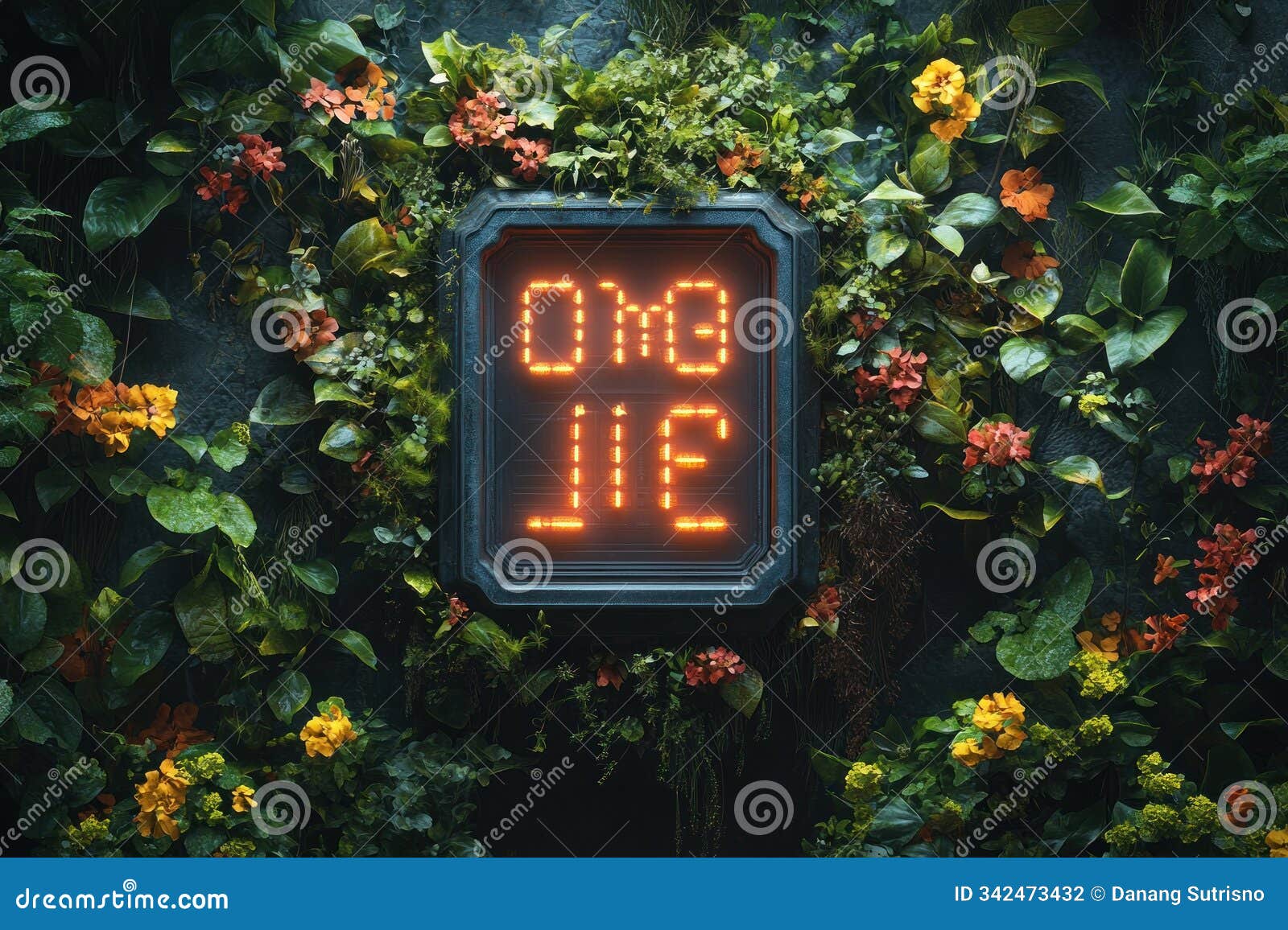 A Digital Clock Displays the Time 0110 on a Wall Covered in Lush ...