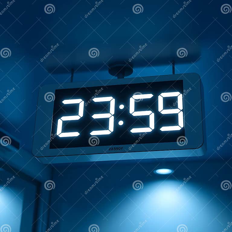 Digital Clock Reading 23:59 with Blue Backlight, Highlighted Against a ...