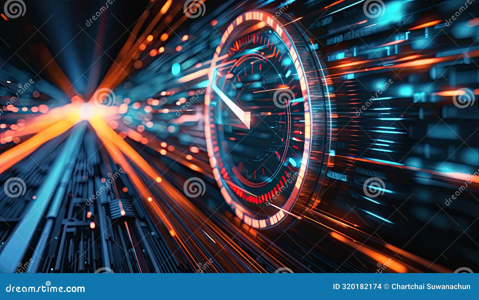 A Digital Clock with a Red and Blue Face is Shown in a Blurry by AI ...