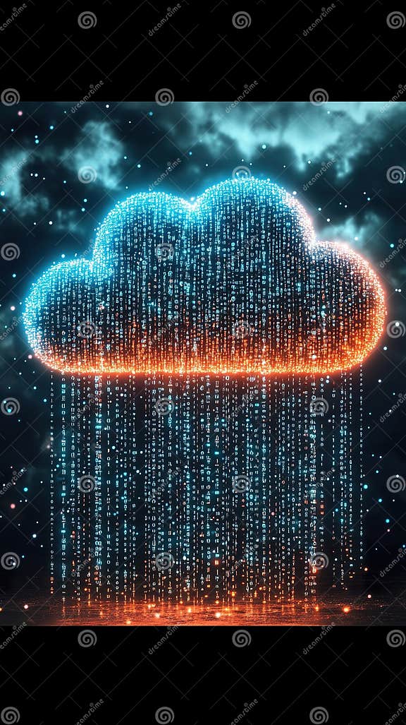 Digital Cloud with Binary Rainfall in a Futuristic Night Sky Stock Image - Image of cloud ...