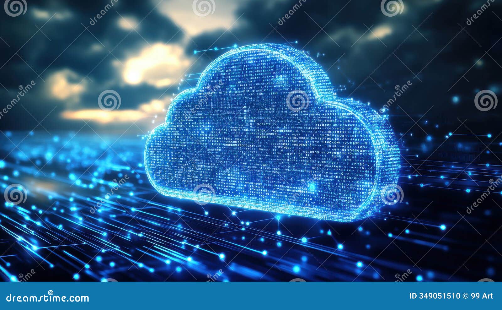 Digital Cloud Computing Concept with Data Streams and Binary Code Stock Illustration ...