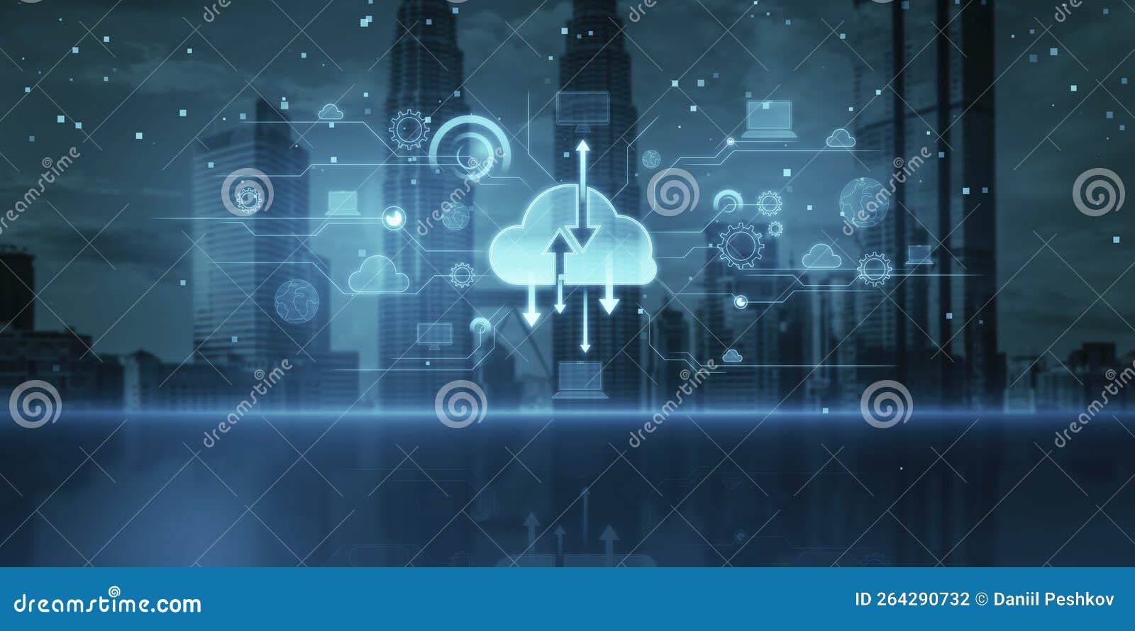 Digital Cloud Computing Hologram on Blurry City Background. Cloud Data ...
