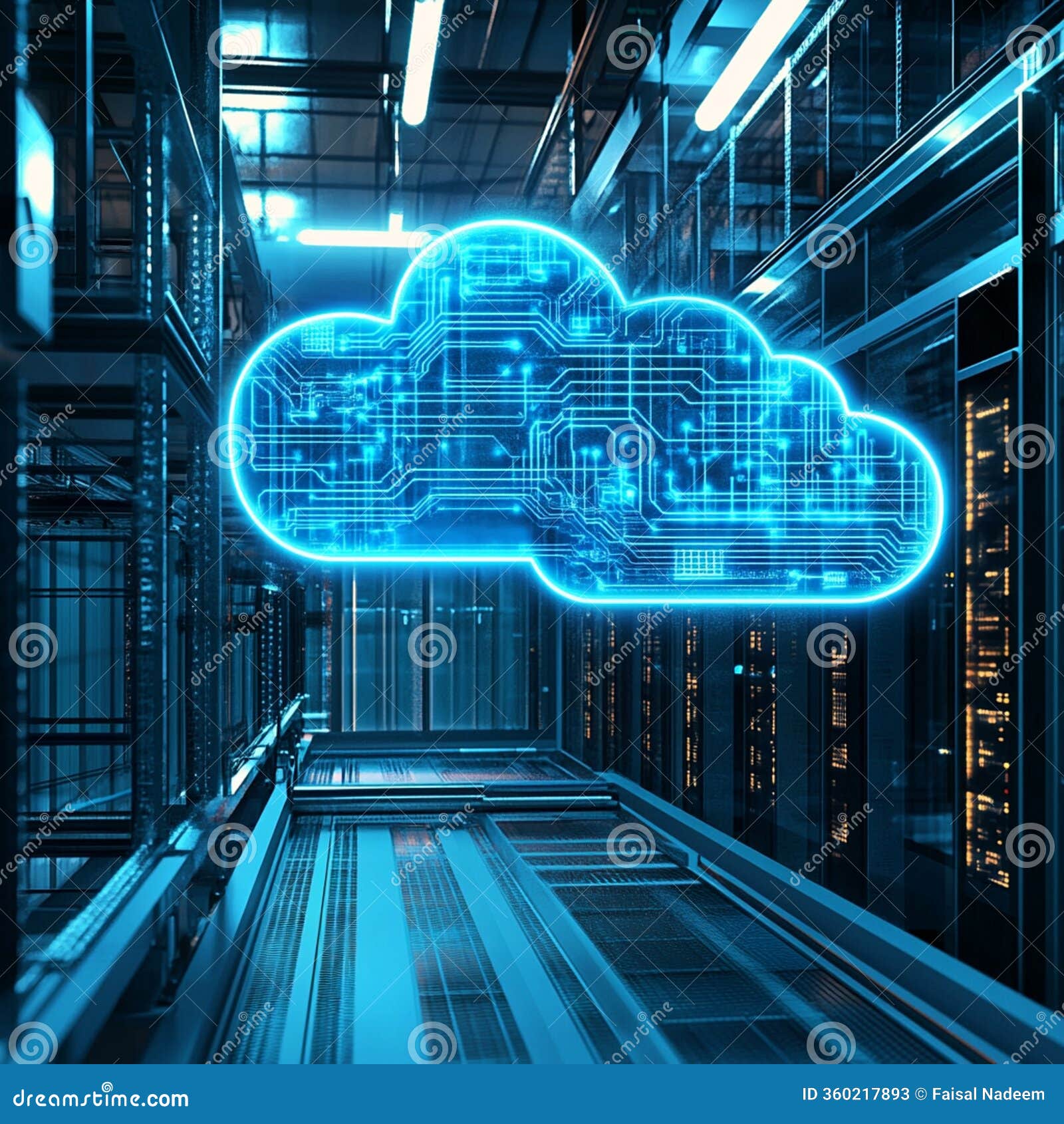 Digital Cloud Computing Server Room Network Technology Data Center Infrastructure Blue Neon Glow ...