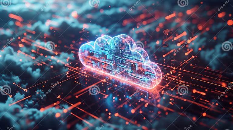 Digital Cloud Computing Technology Concept with Data Transfer Visualization Stock Illustration ...