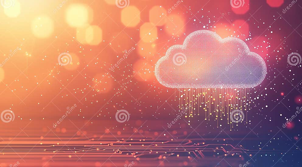 Digital Cloud Computing Visual with Data Rain and Glowing Bokeh ...