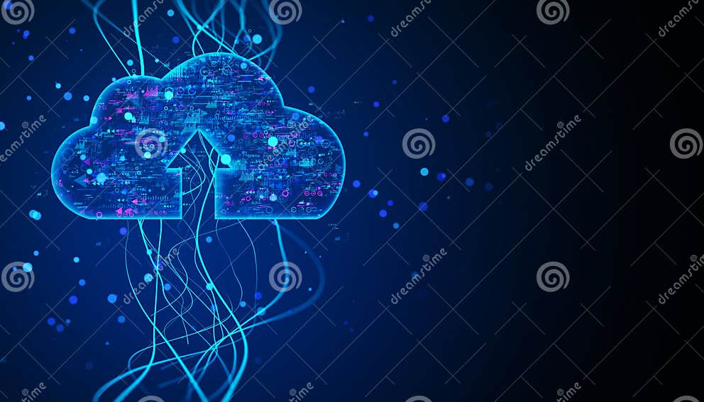 Digital Cloud Data Concept with Neon Blue Lines on Dark Background. 3D ...