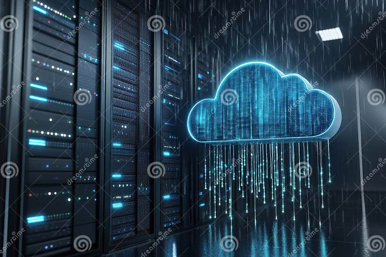 Digital Cloud Infrastructure with Server Technology in Rain Effect ...