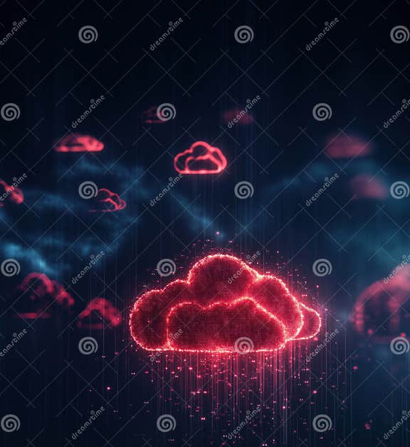 Digital Cloud Network Visualization with Glowing Red Clouds and Abstract Data Streams ...