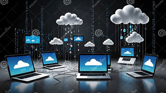 A Digital Cloud Raining Down Streams of Data into Various Devices Stock ...