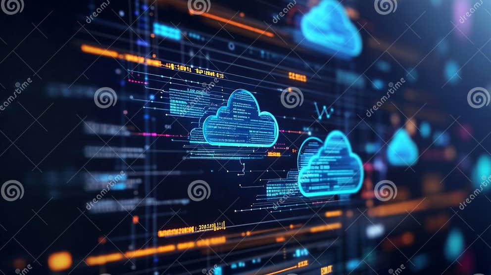 Digital Cloud Technology with Data Visualizations and Neon Effects in an Abstract Setting Stock ...