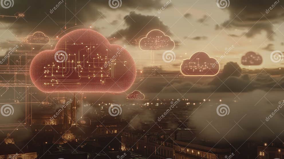 Digital Clouds with Circuit Patterns Hovering Over a Futuristic ...