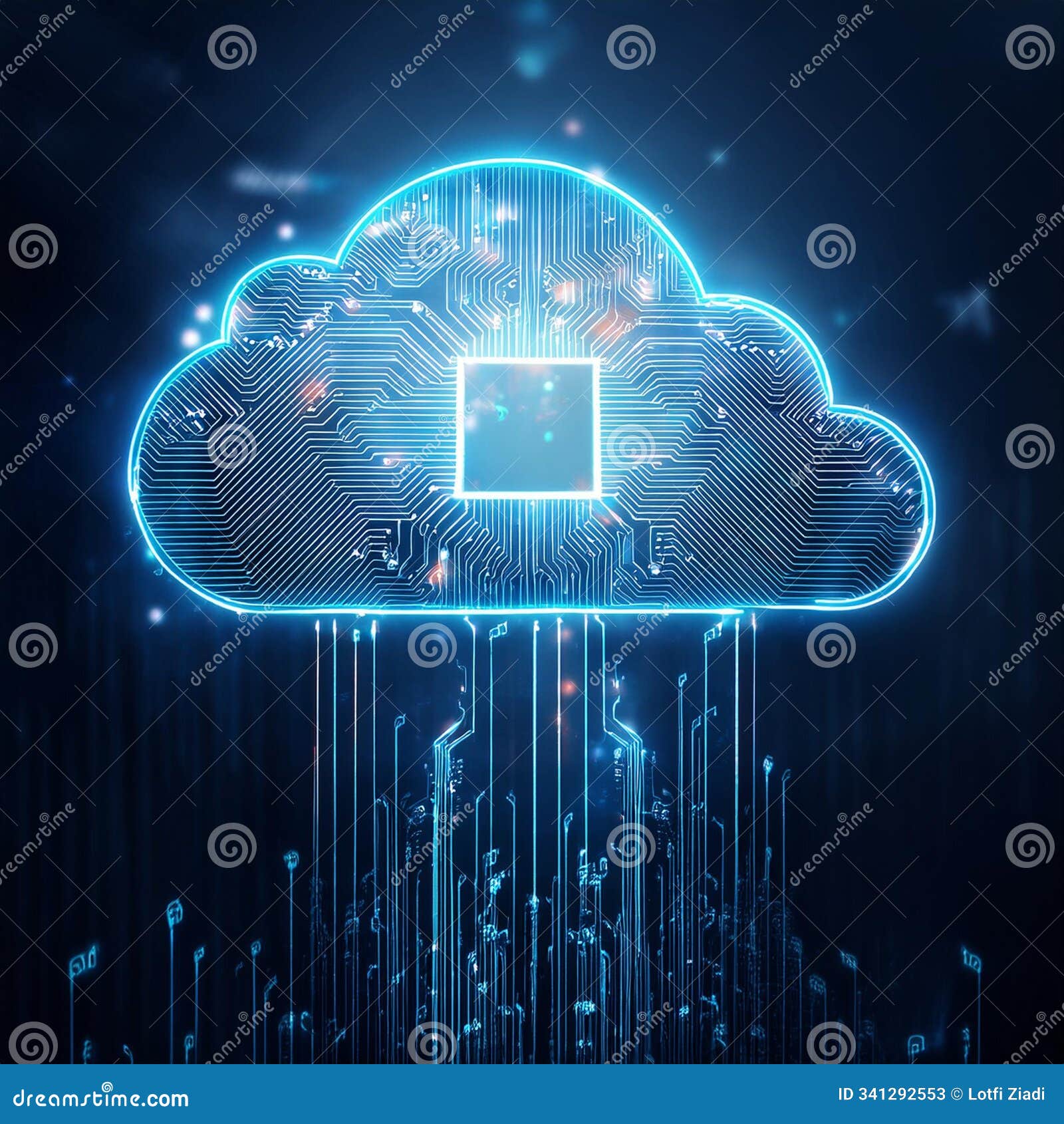 Digital Clouds with Glowing Circuits on Dark Background, Concept of ...
